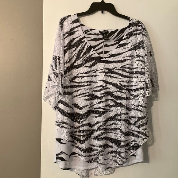 Tops | Zebra Print Lace Overlay Blouse Black And White | Poshmark